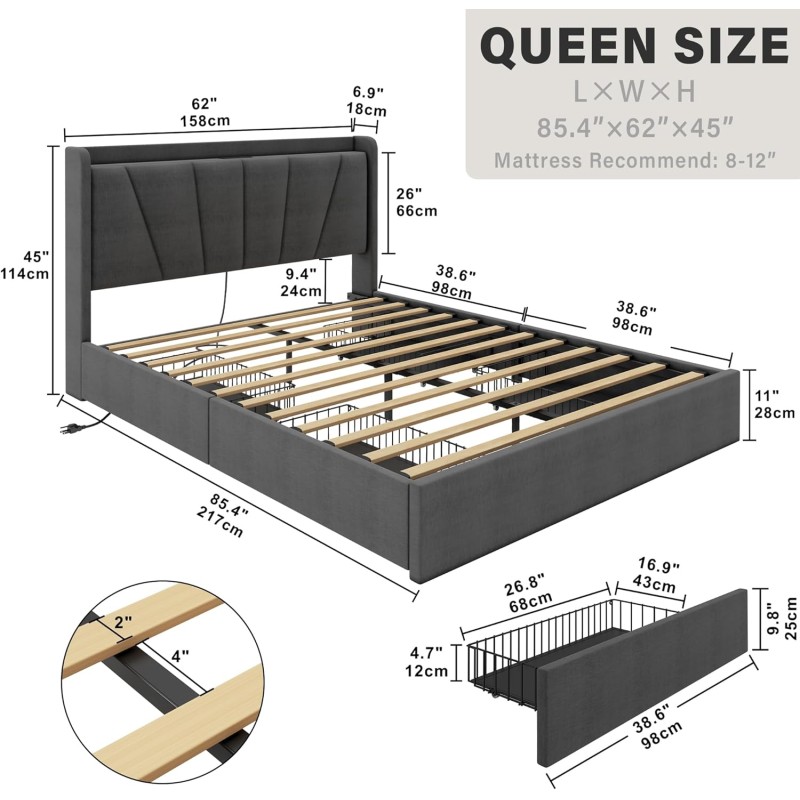 LIKIMIO Base de cama Queen con cabecera tapizada