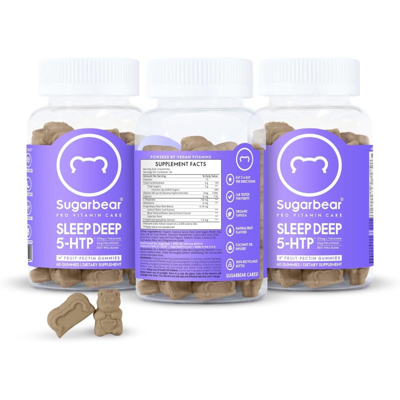 Sugarbear - Vitaminas para dormir, gomitas veganas con melatonina, 5-H